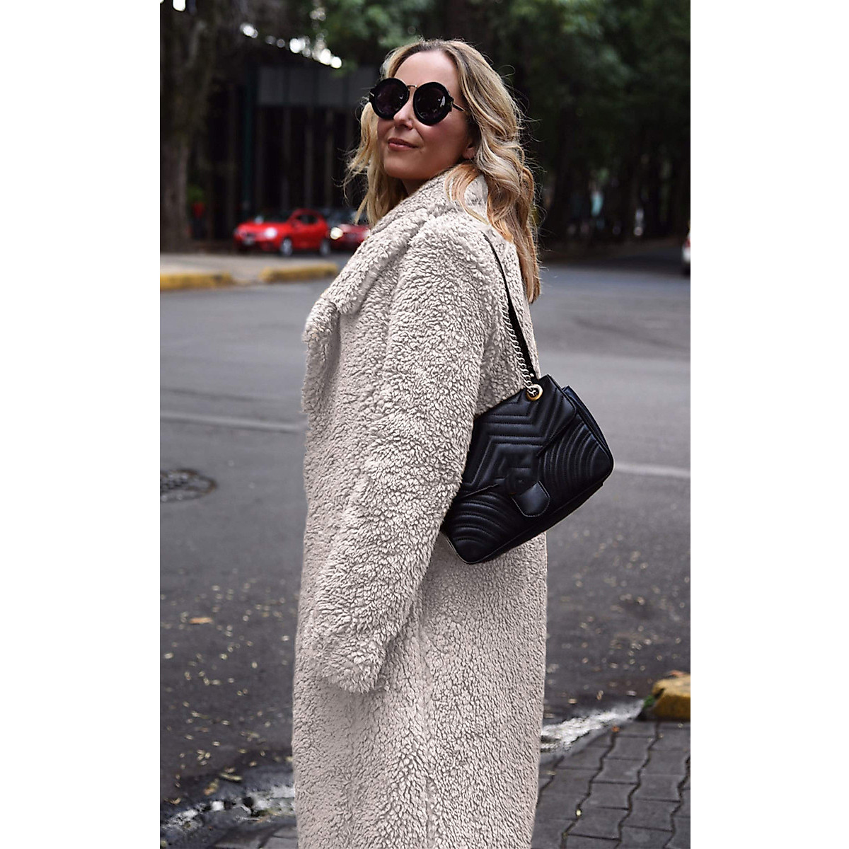 Angashion Women's Fuzzy Fleece Lapel Open Front Long Cardigan Coat Faux Fur Warm Winter Outwear Jackets Light Beige M