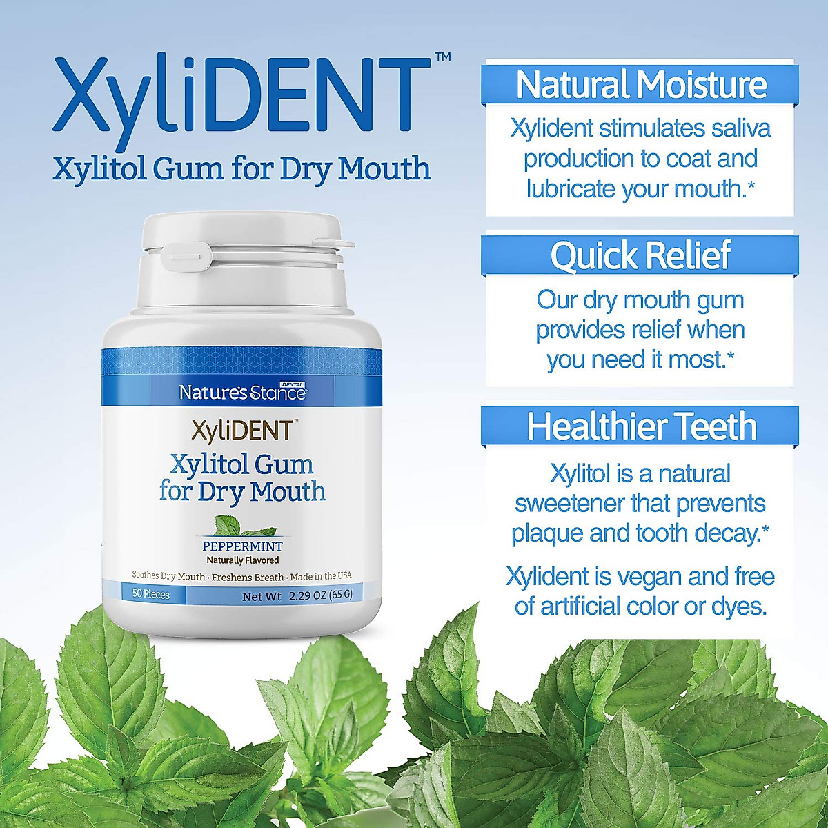 XyliDENT Xylitol Gum for Dry Mouth Relief - Stimulates Saliva, Freshens Breath, Reduces Acid Production, Fast Acting Relief, 50 Count (Peppermint)