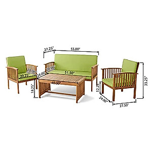 Christopher Knight Home Carolina Outdoor Acacia Wood Sofa Set with Water Resistant Cushions, 4-Pcs Set, Brown Patina / Light Green