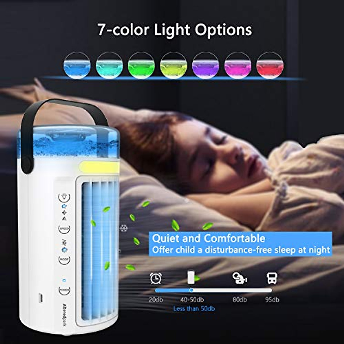 Altered park Portable Air Conditioner Fan, Personal Cooler Super Quiet Desk Fan Mini Air Cooler with 7 Colors LED Light, 3 Speeds,2-Wind Mode, Air Circulator Humidifier Misting Fan for Home Office