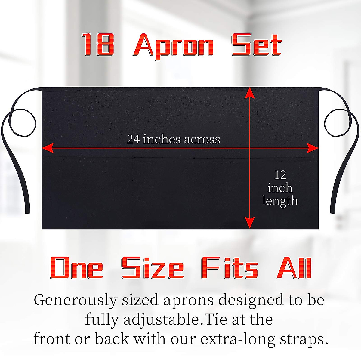 Black Waist Aprons 3 Pockets Waiter Waitress Server Short Aprons Water Oil Resistant Waist Aprons for Women Men (18 Pieces)