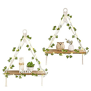 Mkono Artificial Ivy Macrame Hanging Shelves with Lights Set of 2 Boho Wall Decor Display Plants Photos Wood Floating Storage Shelf for Bedroom Bathroom Living Room Nursery Dorm Kitchen