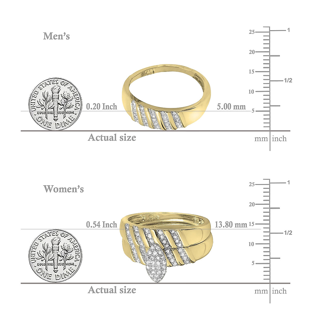 Dazzlingrock Collection 0.35 Carat (ctw) Round White Diamond Men's and Women's Engagement Ring Trio Set 1/3 CT | Yellow Gold Plated Sterling Silver | Women size 7 and Men size 10