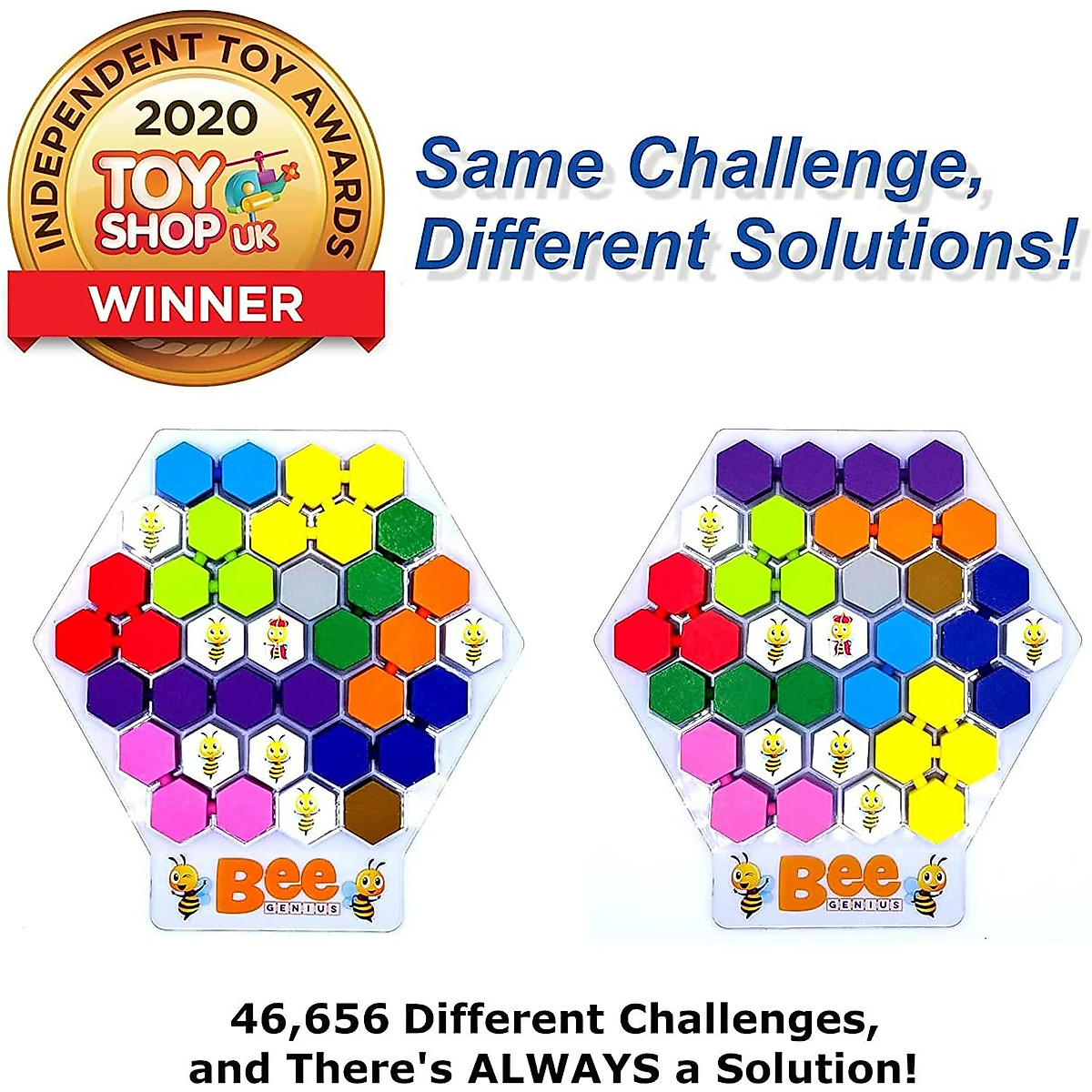 Bee Genius - Award Winner Puzzle Family Board Game for Ages 3+ Kids. 46,656 Possible Solutions to Help The Queen Bee & Worker Bees Build Their Honeycomb by Filling in Colored Shapes!