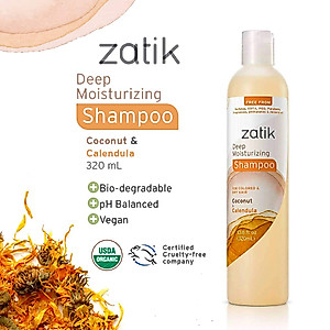 Zatik Naturals - Deep Moisturizing Shampoo with Coconut & Calendula - Vegan Bio-degradable pH balanced, for Colored and Dry Hair, Free From Sulfates, phthalates & Synthetic Fragrances - 10.8 Fl Oz
