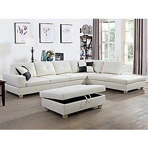 Ponliving Furniture Modern L-Shaped Leather Sectional Sofa (White, Right Hand Facing)