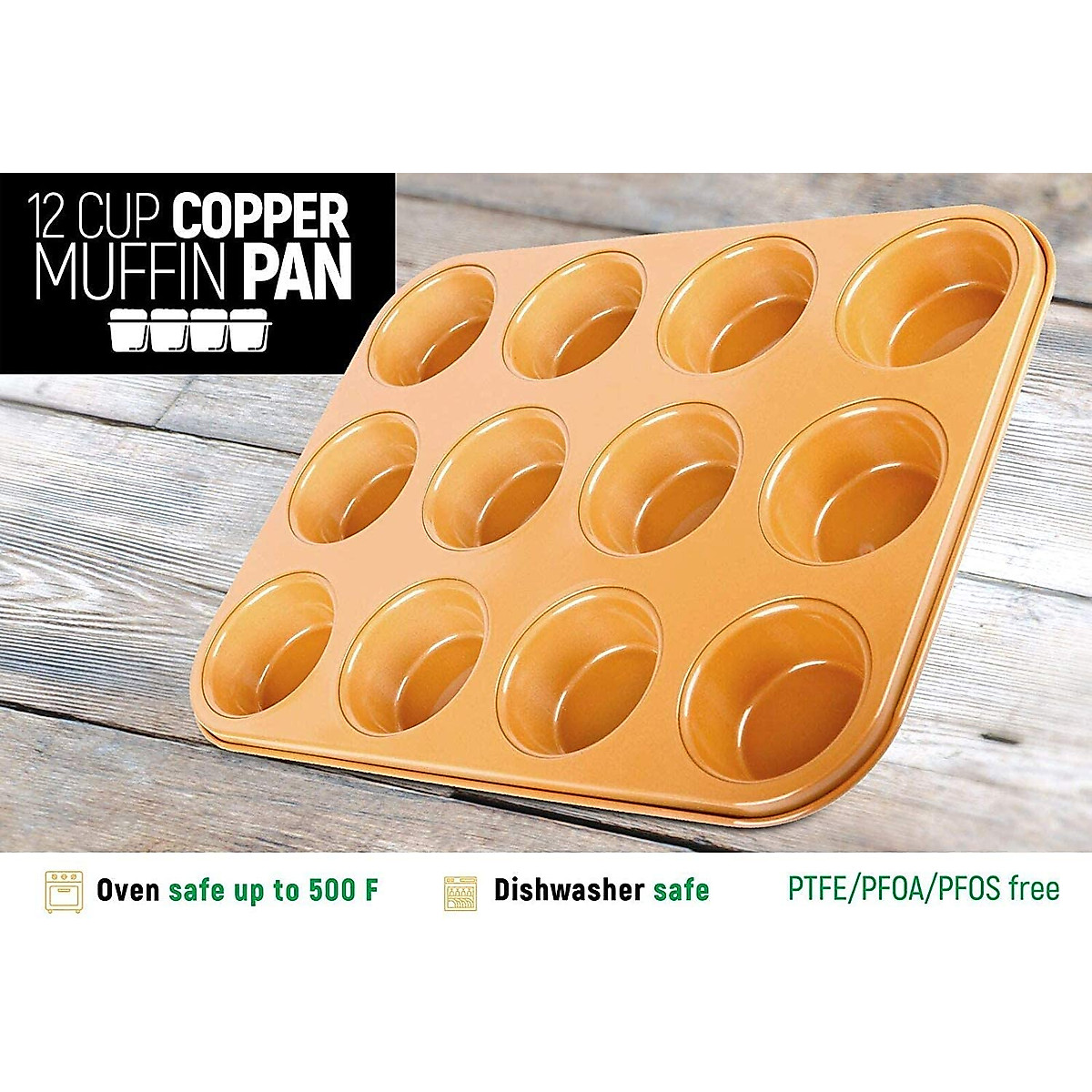Copper Professional Healthy 12 Cup Cake and Muffins Baking Pan Sheet, Oven and Dishwasher Safe L
