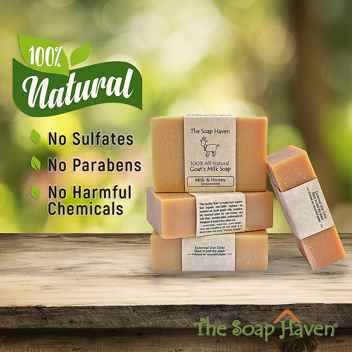 4 Goat Milk Soap Bars with Honey - Handmade in USA. All Natural Soap, Unscented, Fragrance Free, Fresh Goats Milk. Wonderful for Sensitive Skin and Babies. SLS, Paraben, GMO-Free