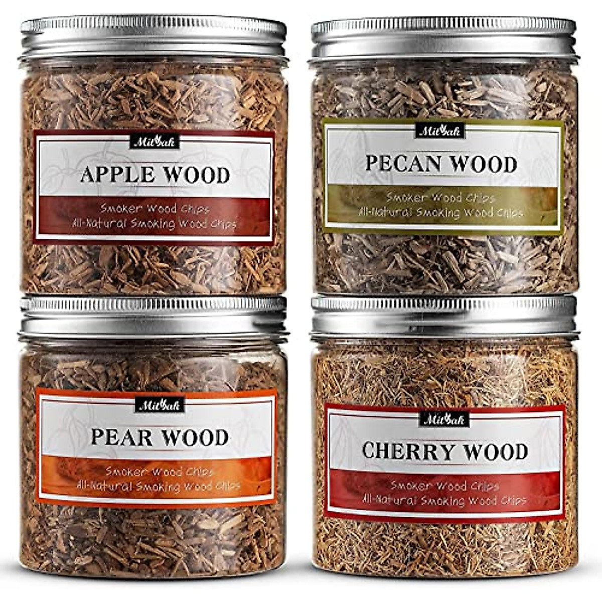 MITBAK Wood Chips for Smoking Gun (Set of 4 -Apple,Cherry, Pecan, Pear) 4 OZ Each Extra Fine Wood Smoking Chips for Handled Cocktail Smoker, Premium Smoker Wood Chips for Drinks, Food