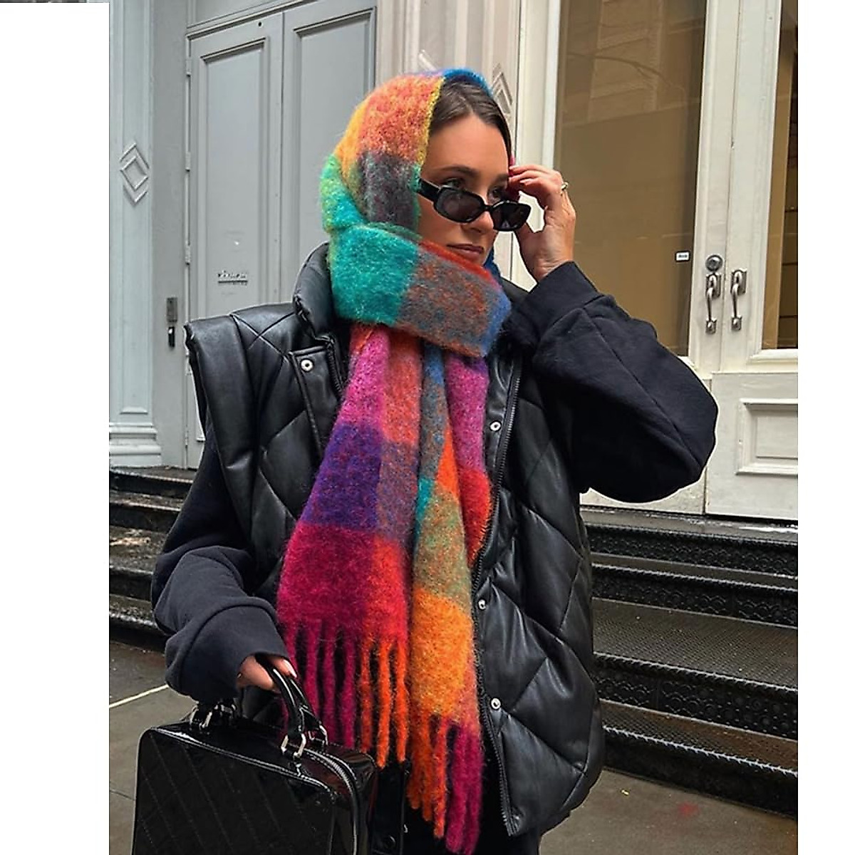 OUNIYA Large Chunky Plaid Scarf Checked Colorful Oversized Scarves Soft Big Cashmere Wool Thick Winter Warm Blanket Women (rainbow)