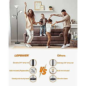 LEPOWER Floor Lamp with Replaceable 3000K Energy-Saving LED Bulbs , 9W LED Standing Lamp with 5W Adjustable Reading Lights, Modern Bright Black Floor Lamp for Living Room, Bedroom, Office