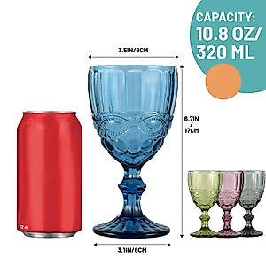 Wongblee Vintage Glass Goblets 10.8 Oz, Embossed Stemmed Glasses, Assorted Colored Drinking Glasses for Wine, Water, Juice, Beverage, Set of 4