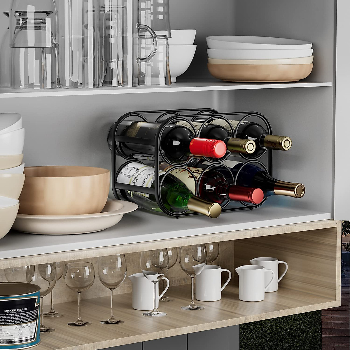 Buruis 6 Bottle Countertop Wine Rack - Wine Holder for Red White Wine Storage - Freestanding Metal Wine Rack - Modern Tabletop Bottle Holder - Black