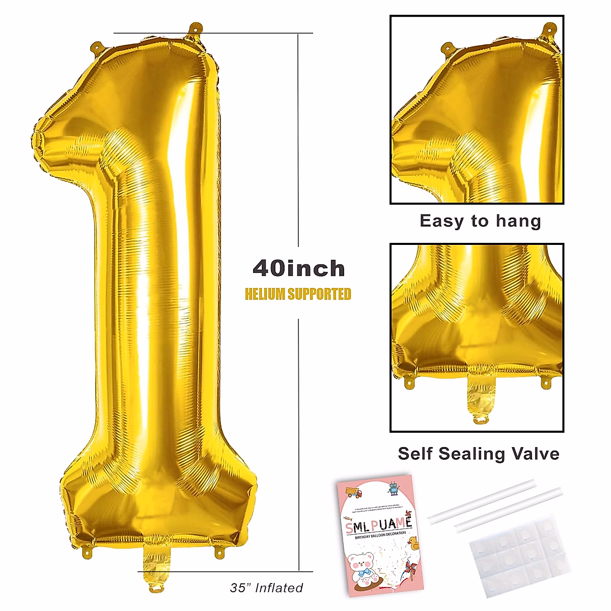 Smlpuame 40 inch Number Balloon 0-9 Gold Large Number 1 Balloons,Digital Balloons for Birthday Party Celebration Decorations Supplies, Helium Foil Number Balloons for Wedding Anniversary