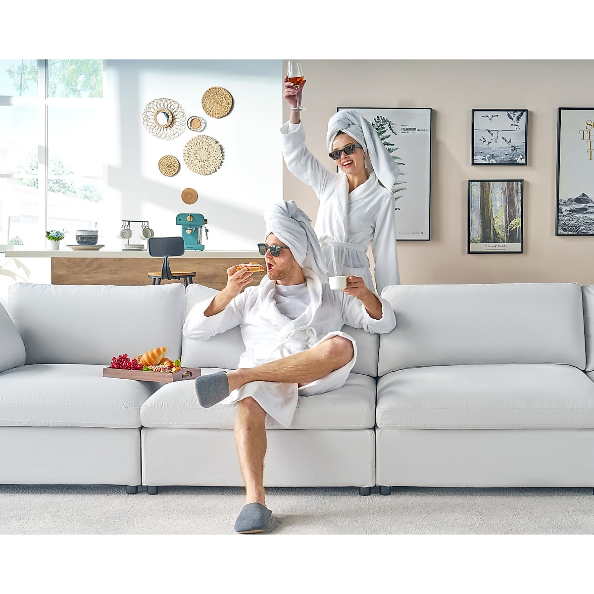 PaPaJet Modular Sectional Sofa, 114 Inches Oversized Down Filled Sectional Sofa, 4 Seats L Shaped Comfy Couch with Chaise, Ottoman, Could Sofa for Living Room, White Linen Couch Set