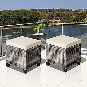 Tangkula 2 Pieces Patio Rattan Ottomans, Outdoor Wicker Footstool Footrest Seat with Soft Cushions and Steel Frame, All-Weather Patio Ottoman Set for Backyard Garden Poolside (White)