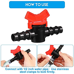 Irrigation Fitting Kit 9 Pieces Drip Irrigation Switch Valve Gate Valves Irrigation Barbed Connectors with Shut-Off Valve and 18 Stainless Steel Clamps and Roll Tape for 1/2 Inch Irrigation Tubing