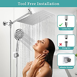 Rain Shower Head with Handheld, Lanhado 12'' High Pressure Rainfall Shower Head with 11'' Extension Arm, 9 Settings Handheld Shower Heads with Holder & Hose, Anti-leak Waterfall Showerhead, Chrome