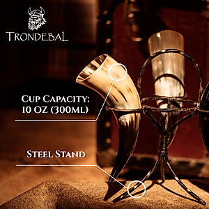 Trondebal Viking Drinking Horn Set of 3 with Stand, 10 Oz Natural Ox Horn | Cool Unique Beer Gift for Men and Women, Home Decor, Medieval Shot Glasses for Ale, Mead, Alcohol, Whiskey