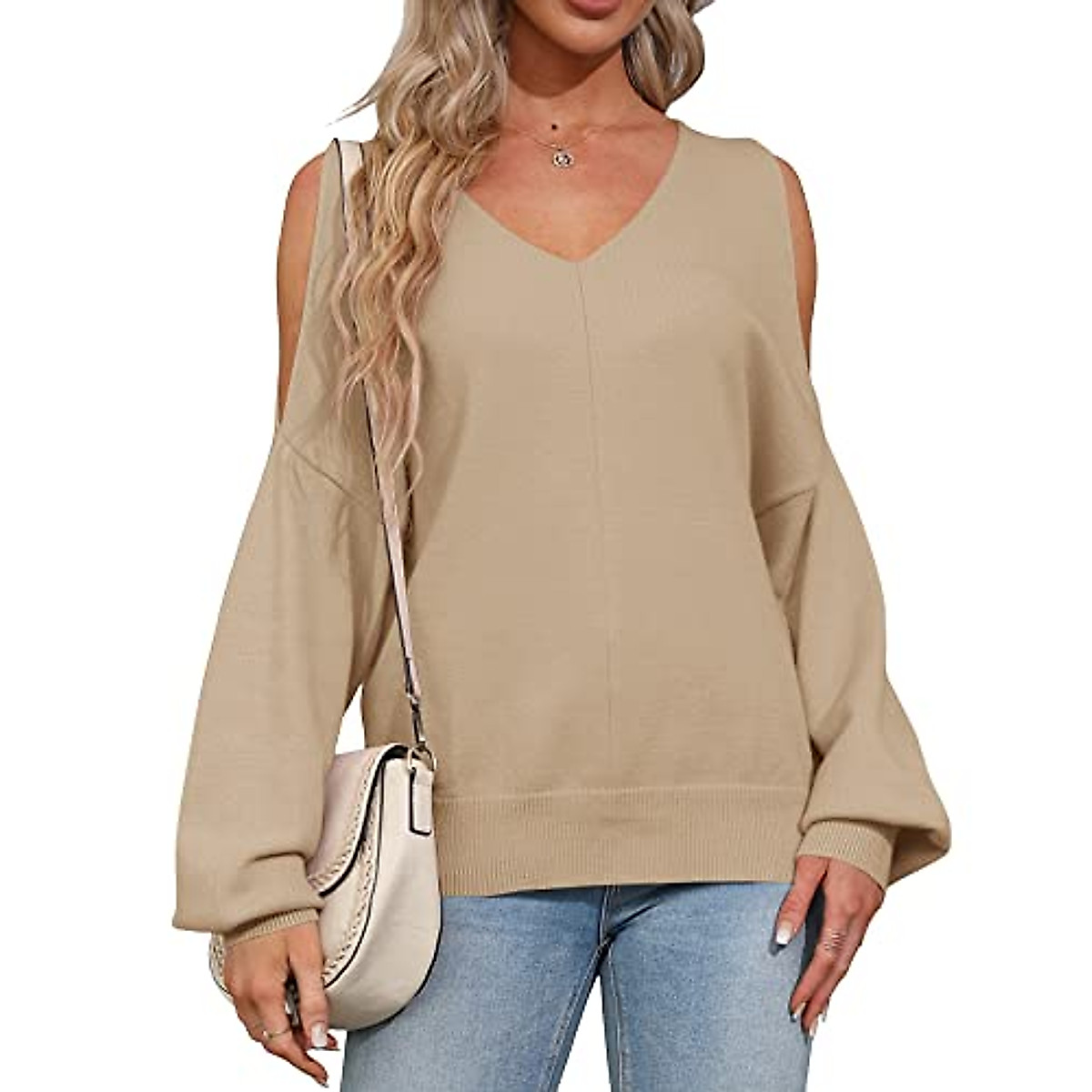 MaQiYa Women's V Neck Cold Shoulder Sweaters Oversized Batwing Long Sleeve Chunky Knit Pullover Sweater Tops Khaki