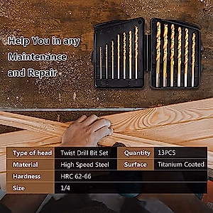 Titanium Drill Bit Set, HSS Twist Drill Bits, Quick Change Drill Bits Set Straight Shank, 135 Degree Metal Drill for General Purpose, 1/16"-1/2" by 11/64" 13 Piece Kit with Storage Case