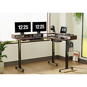 INNOVAR Triple Motor L Shaped Standing Desk with Drawers, Solid Wood Adjustable Corner Stand Up Desk, 63" Electric Standing Desk for Home Office, Black Frame/Brown Top