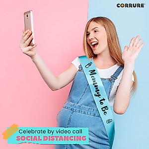 CORRURE Baby Shower Sash for Boy - 'Mommy to Be' Sash With Beautiful Blue Ribbon and Black Foil Text - Ideal Gender Reveal, Baby Shower, Welcome Baby, Mom to Be or Baby Sprinkle Gift