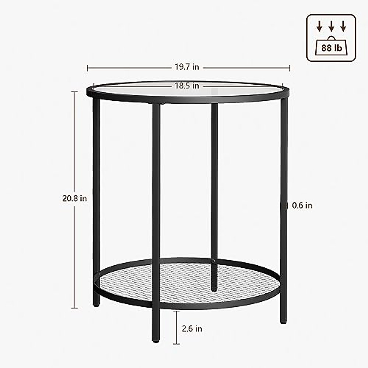 CADANI End Table, Glass Side Table with Open Storage, 2-Tier Black Accent Table with Sturdy Metal Frame, Modern Round Coffee Table for Living Room, Bedroom, Balcony, Patio