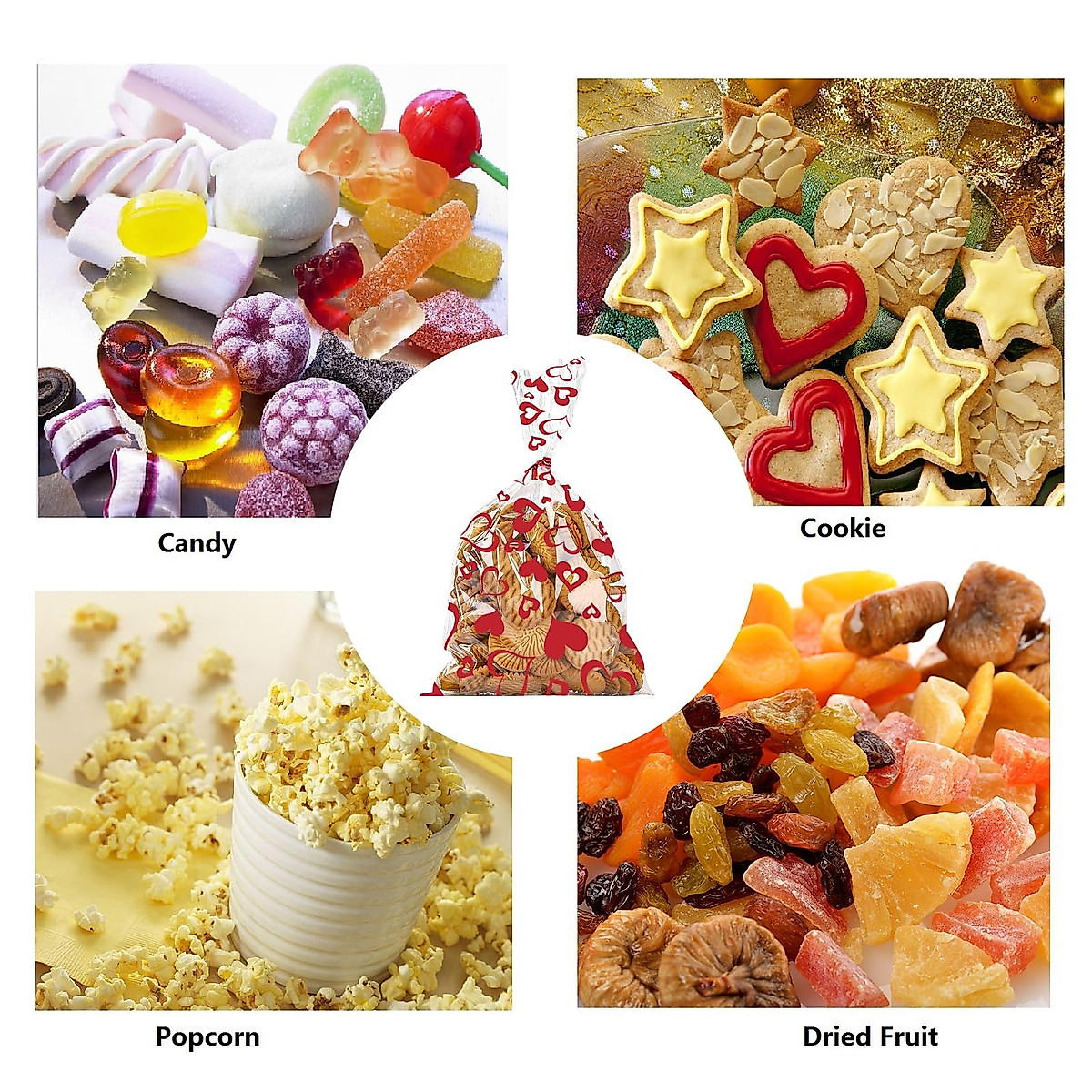 Hying 150 PCS Happy Valentine's Day Cellophane Bags with Twist Ties for Gifts, Love Heart Kiss Cello Treat Bages Valentines Treat Bags for Cookie Candy Goodies Wrapping Supplies