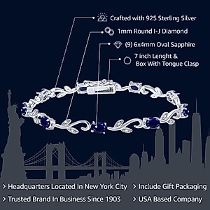 Gem Stone King 925 Sterling Silver Blue Sapphire and White Diamond Oval Tennis Bracelet | Greek Vine Bracelet for Women | 5.12 Cttw | Oval 6X4MM | Gemstone Birthstone | 7 Inch