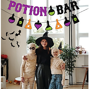 JOZON Glittery Potion Bar Banner with Potion Signs Halloween Hocus Pocus Witches Garland Banner Halloween Holiday Haunted House Party Decorations for Bar Mantle Fireplace Wall Party Supplies