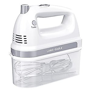 Lord Eagle Electric Hand Mixer Mini, 300W Power Handheld Mixer Kitchen for 5-Speed Baking Cake Egg Cream Food Beaters Whisk, with Snap-On Storage Case, White