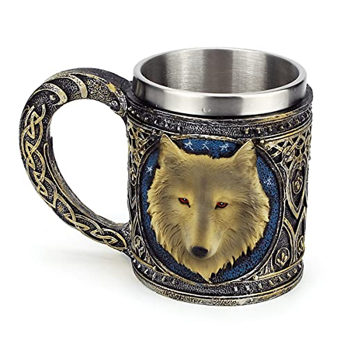 EZESO Stainless Steel Wolf Mug, Resin 3D Wolf Coffee Cup Stainless Steel Travel Tea Wine Beer Mugs (Wolf Mug)