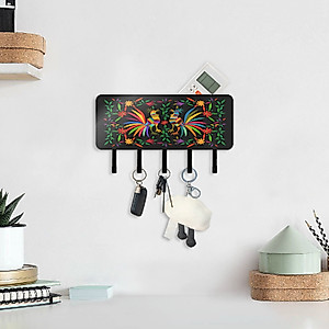 linqin Ethnic Mexican Tapestry with Roosters Key Holder for Wall, Decorative Wall Mounted Key Racks with 5 Key Hooks, Mail Key Organizer with Hanger for Entryway/Door/Bathroom/Kitchen