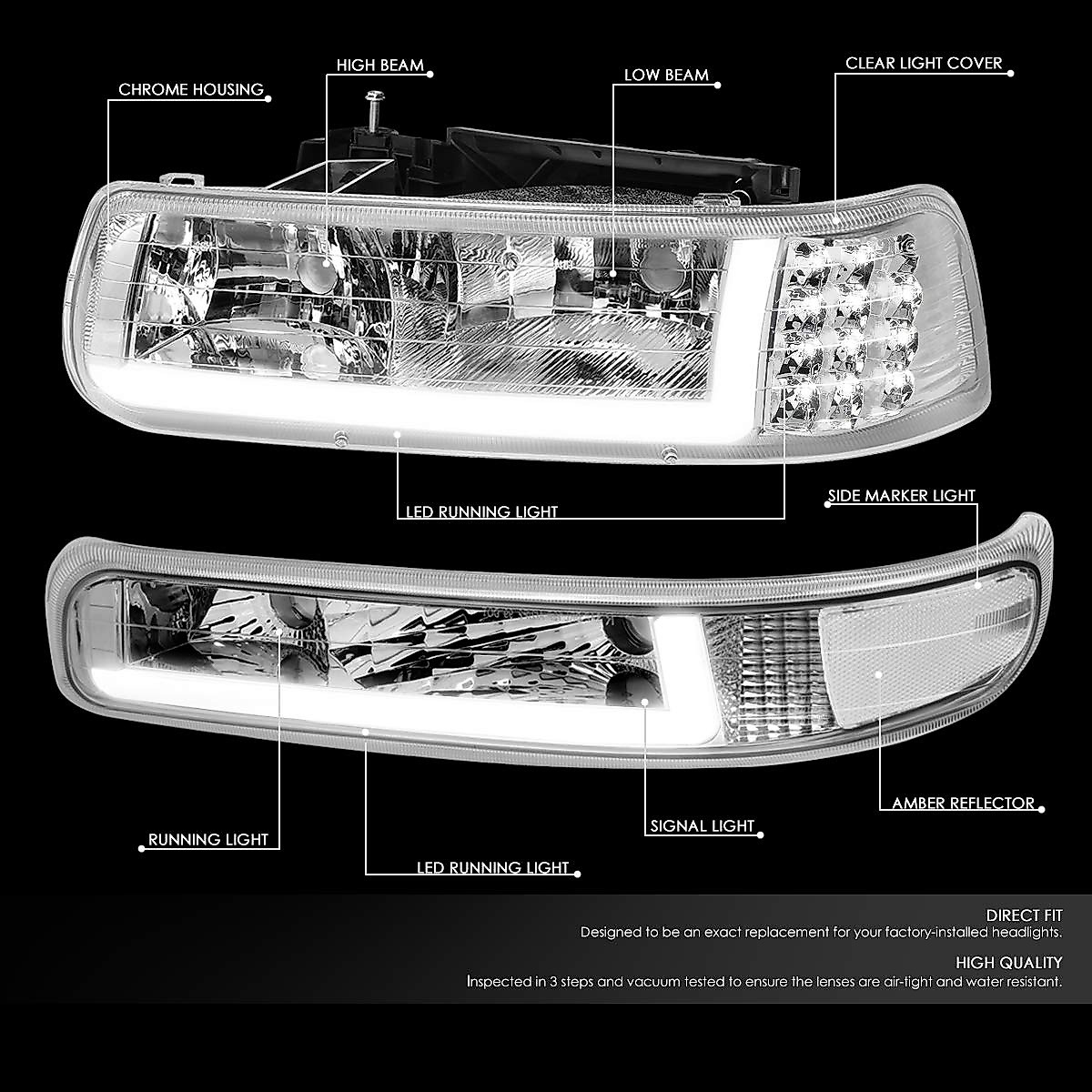 DNA MOTORING HL-LB-CSIL99-CH-CL1 Chrome Housing Pair LED DRL Headlight Bumper Lamps Replacement For 99-02 Silverado