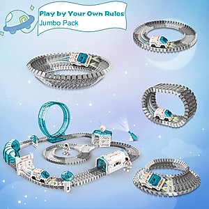 VANLINNY Space Toys for Kids, 204PCS Train Toys for Boys 6-8 with 1 Mini Star Projector, 1 Light Up Car and 2 Astronaut Dolls, Flexible Race Track Birthday Xmas Gifts Set for Girls Boys 4-7