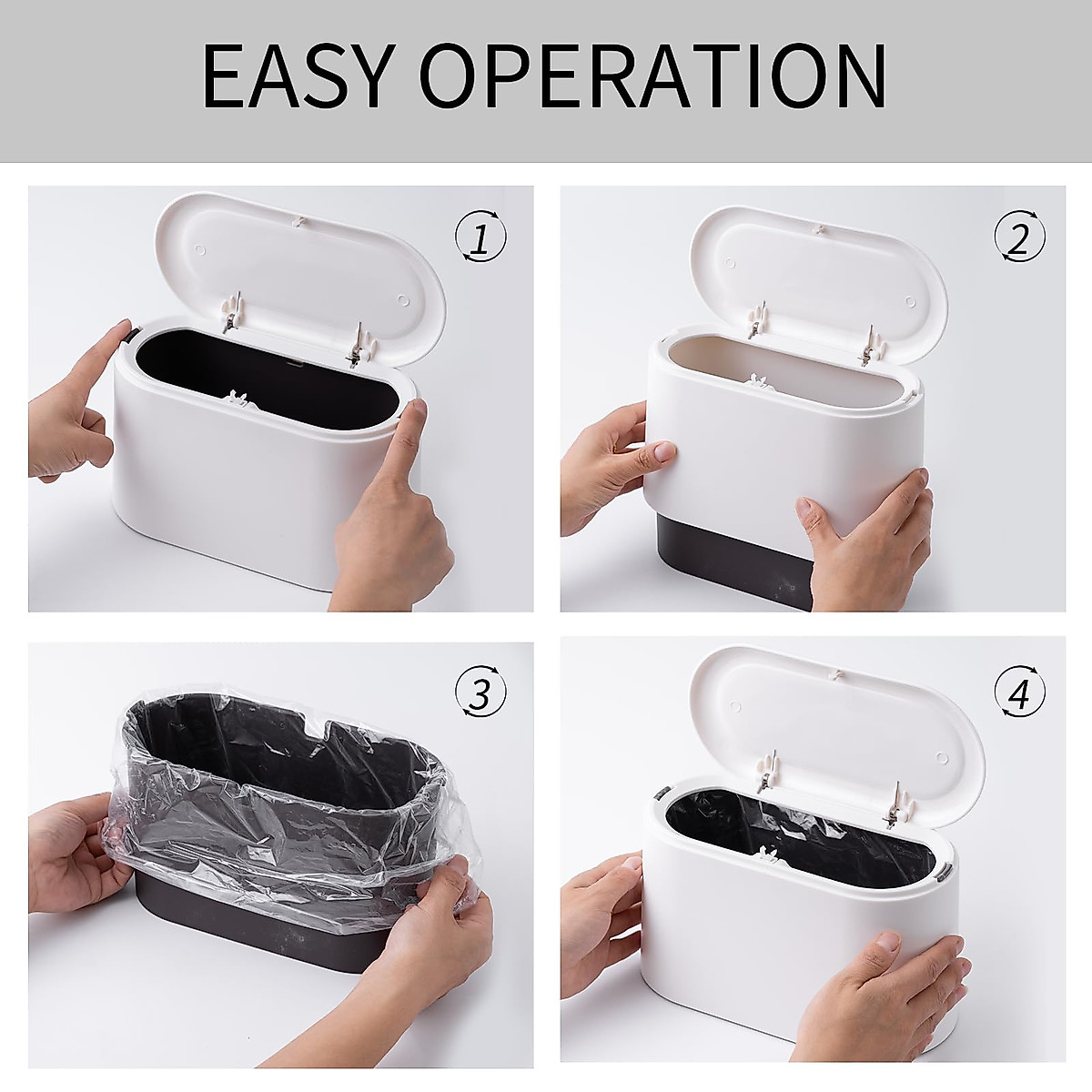 Small Trash Can with Lid,Pop-Up Small Desk Garbage Can,Waste Can with Press Type Lid,Plastic Mini Trash Can for Office,Kitchen,Bedroom,Bathroom,Vanity,Car(White)