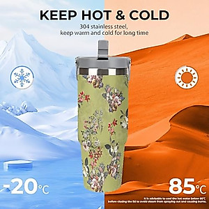 GemGam Stainless Steel Tumbler with Lid And Straw 30 Oz Top Handle Vintage Summer Flower Green Leakproof Vacuum Insulated Water Bottle for Car Travel Tropical