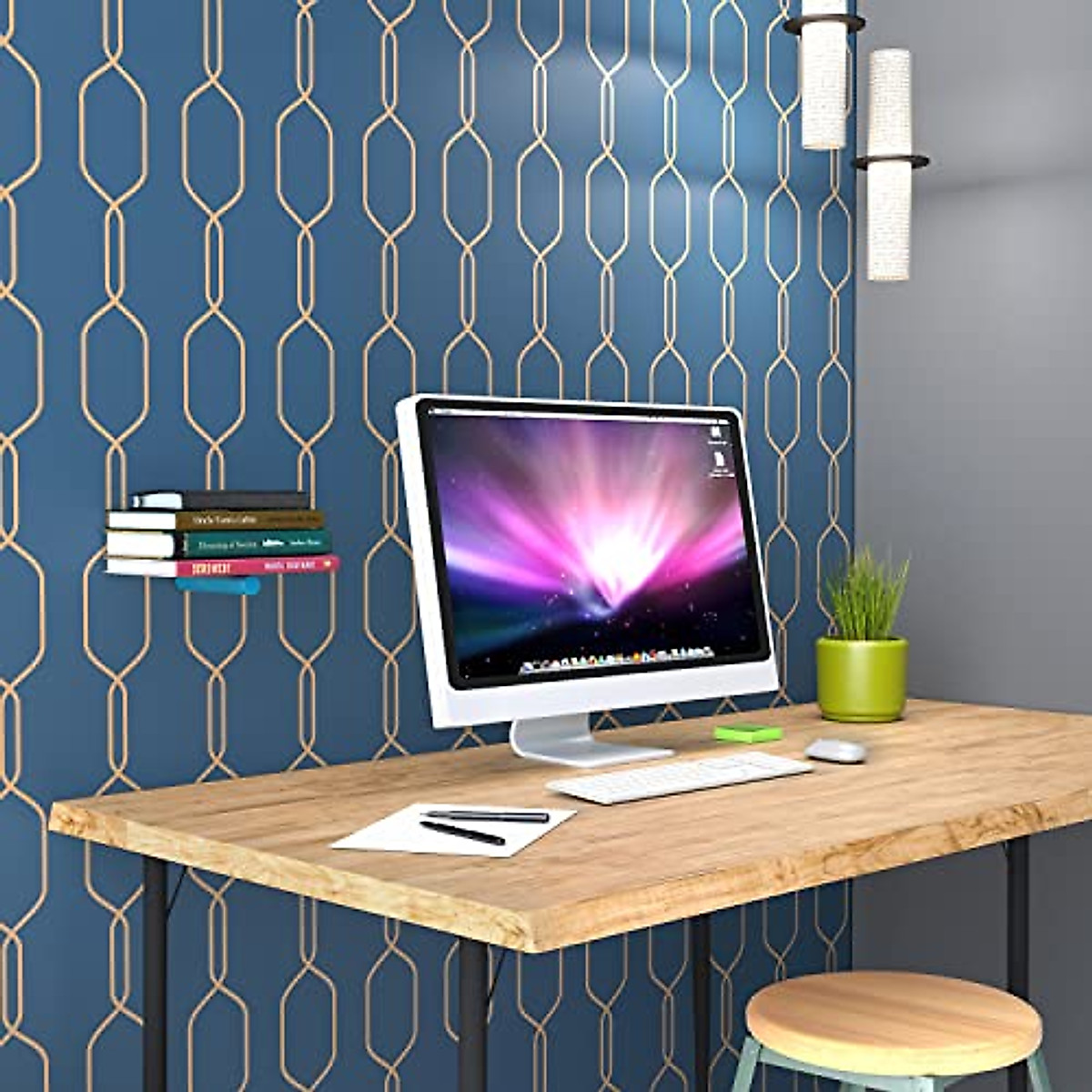 Uqayu Invisible Floating Bookshelf with Decorative Wooden Rod, Heavy Duty Wall Mounted Metal Book Organizer Shelf, for Home, Office, Study, Livingroom, Bedroom, Library (1, Blue)