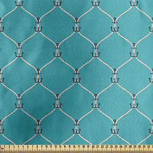 Lunarable Nautical Fabric by The Yard, Tied Navy with Small Anchors Pattern in Axis Fishnet Mesh Knot Marine Illustration, Decorative Satin Fabric for Home Textiles and Crafts, 1 Yards, Blue