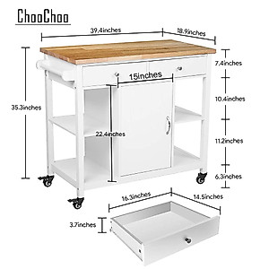 ChooChoo Kitchen Cart on Wheels with Wood Top, Utility Wood Kitchen Islands with Storage and Drawers, Easy Assembly - White
