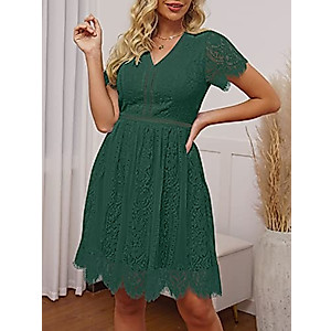 MEROKEETY Women's Short Sleeve Lace Floral Swing Dress Elegant Wedding Guest Bridesmaid Dress, DarkGreen, L