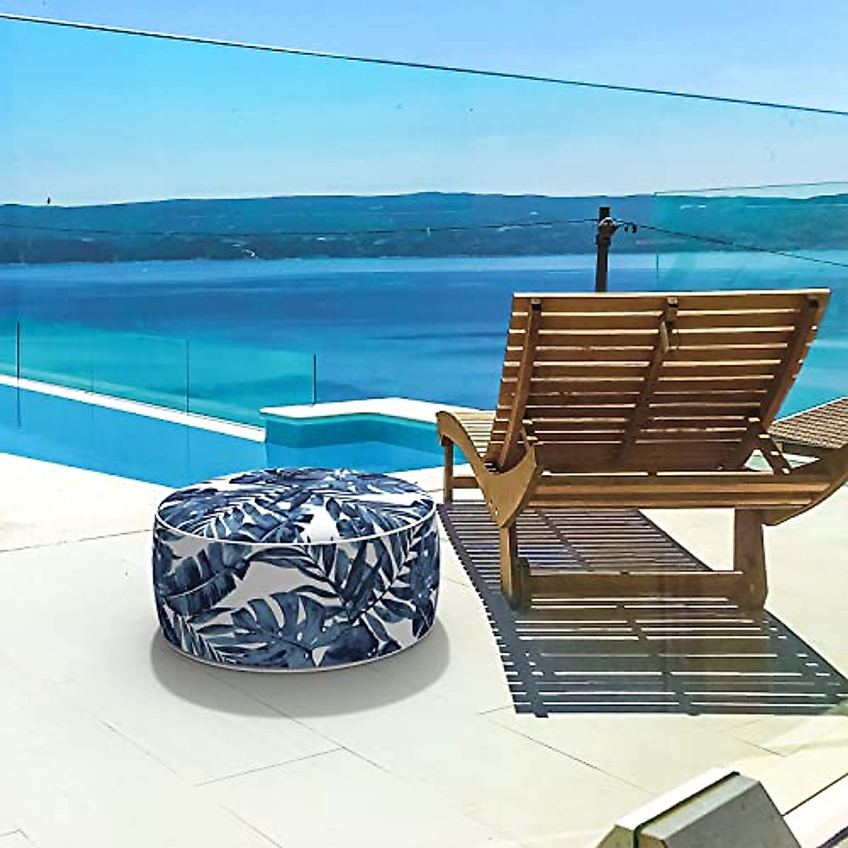 LVTXIII Indoor/Outdoor Inflatable Ottoman, All Weather Round Footrest Stool with Handle, D21”x H9” Portable Fade Resistant Pouf Ottoman for Patio Garden Camping or Home-Palm Blue