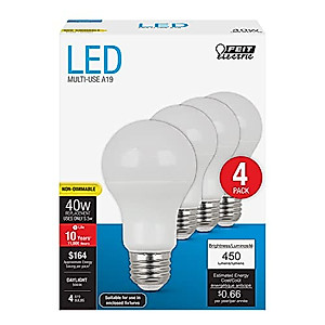 FEIT ELECTRIC A450/850/10KLED/4 4-Pack 40W Equivalent 5.5 Watt Non-Dimmable A19 LED Light Bulbs, 4.4" H x 2.35" D, 5000K Daylight, 4 Piece