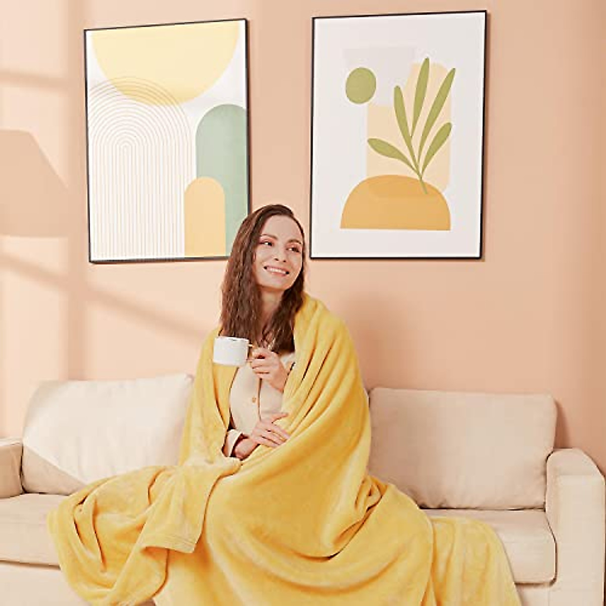 Mellowdy Plush Flannel Blanket Cozy Warm Soft Fleece Fall Fuzzy Throw Blanket for Couch Sofa Bed Camping Traveling Boys Girls (Misted Yellow, 50''x60'') - 320GSM