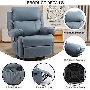 Kasorix Swivel Rocker Recliner Chairs, Nursery Glider Chair, Nursery Rocking Chairs, Overstuffed Manual Massage Recliners with Heat, Faux Leather Reclining Chair Single Sofa (Light Blue)