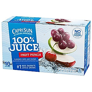 Capri Sun 100% Juice Fruit Punch Naturally Flavored Kids Juice Blend (40 ct Pack, 4 Boxes of 10 Pouches)