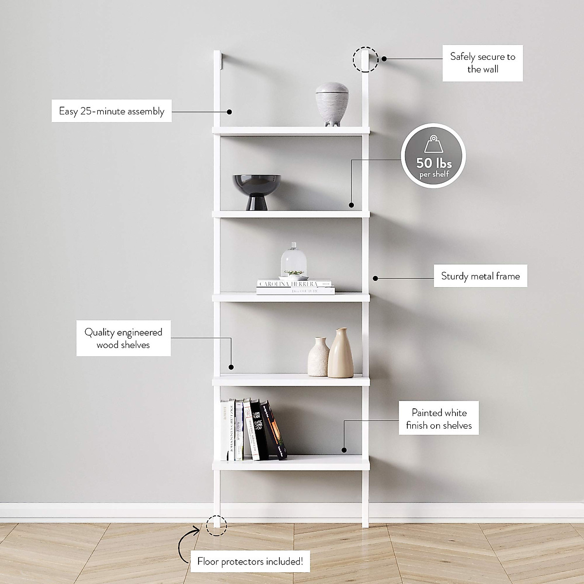 Nathan James 65506 Theo 5-Shelf White Modern Bookcase, Open Wall Mount Ladder Bookshelf with Industrial White Metal Frame, White