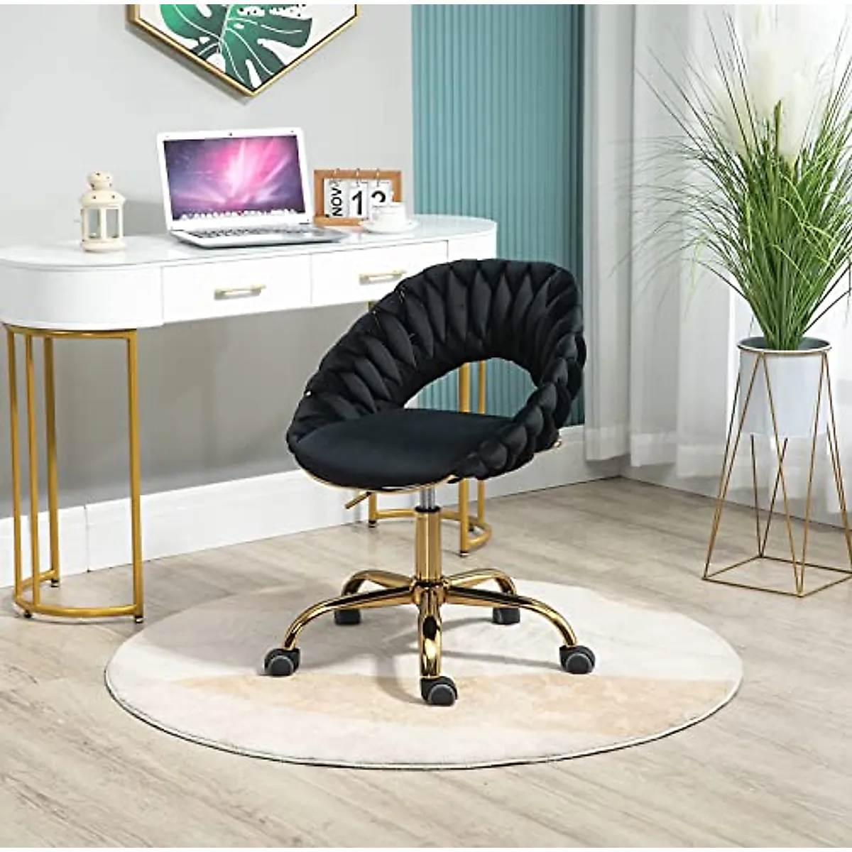 Velvet Home Office Desk Chair, Modern Adjustable Swivel Task Chair, Upholstered Cute Vanity Chair with Woven Back, Tufted Computer Chair with Gold Metal Base for Office, Bedroom, Study, Black