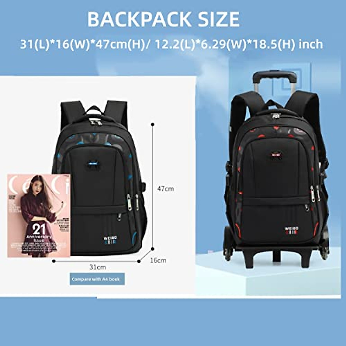 Rolling Backpack for Kids Luggage BookBag with Wheels Middle School Trolley Bag Wheeled Travel Backpack for Girls & Boys